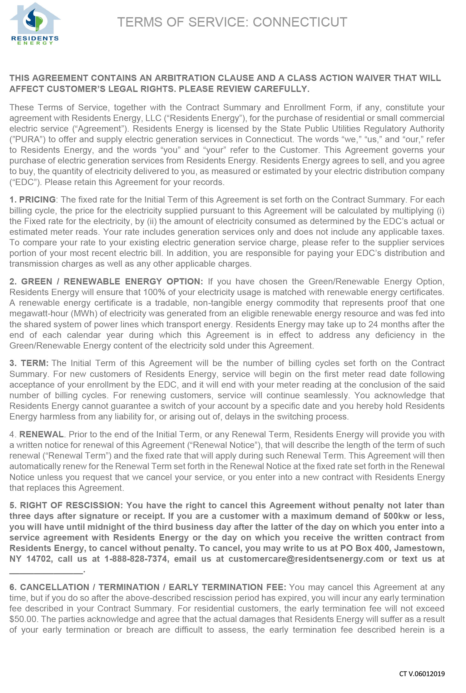 Residents Energy | Terms and Conditions